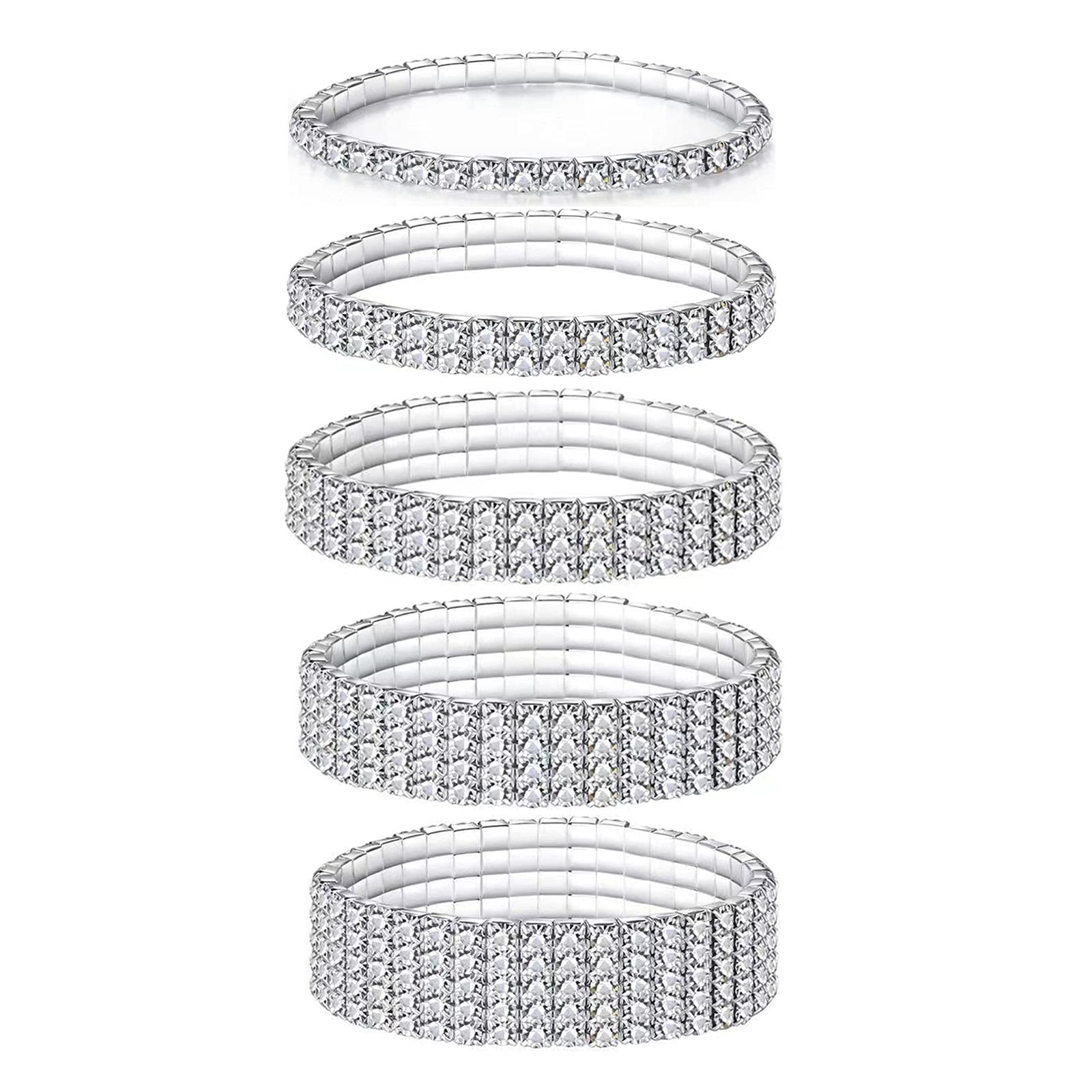 HLIN Rhinestone Bracelet for Women 5Pcs Strand Stretch Silver-tone Sparkling Bridal Tennis Bangle