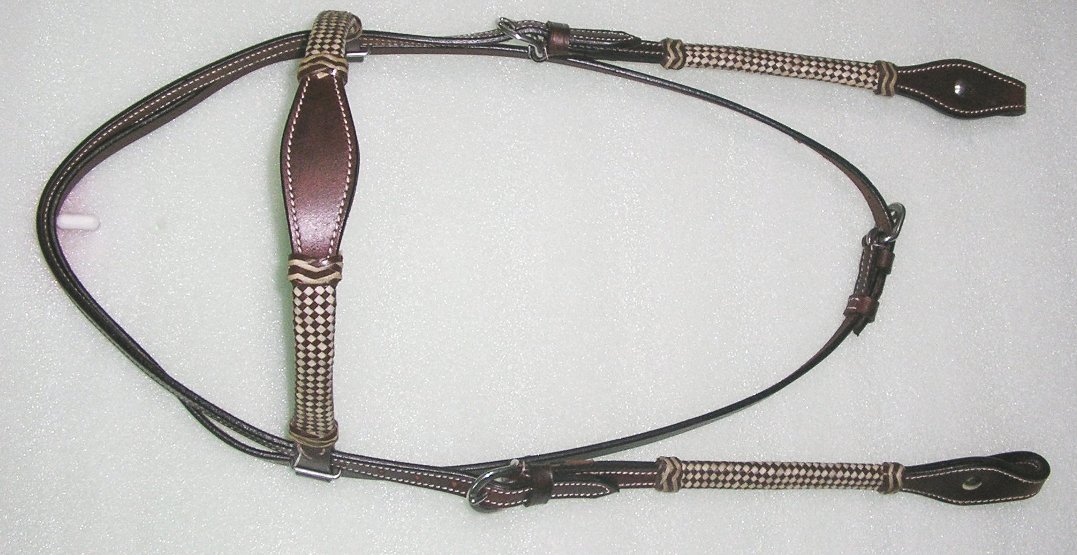 GSk Reitsports New Premium Leather Western Headstall Curved Brown/Natural Knotted by Raw Hide Brow Band Brown Headstall