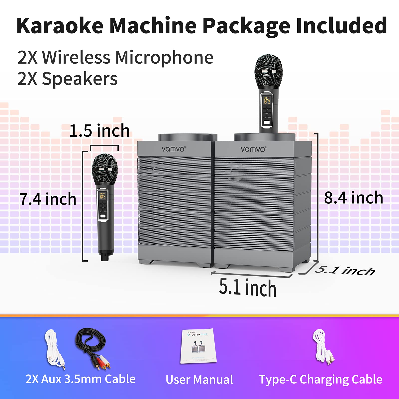 Karaoke Machine for Adults Kids, Vamvo Portable Bluetooth Karaoke Speaker with 2 Wireless Microphones PA Speaker System for Family Party Singing