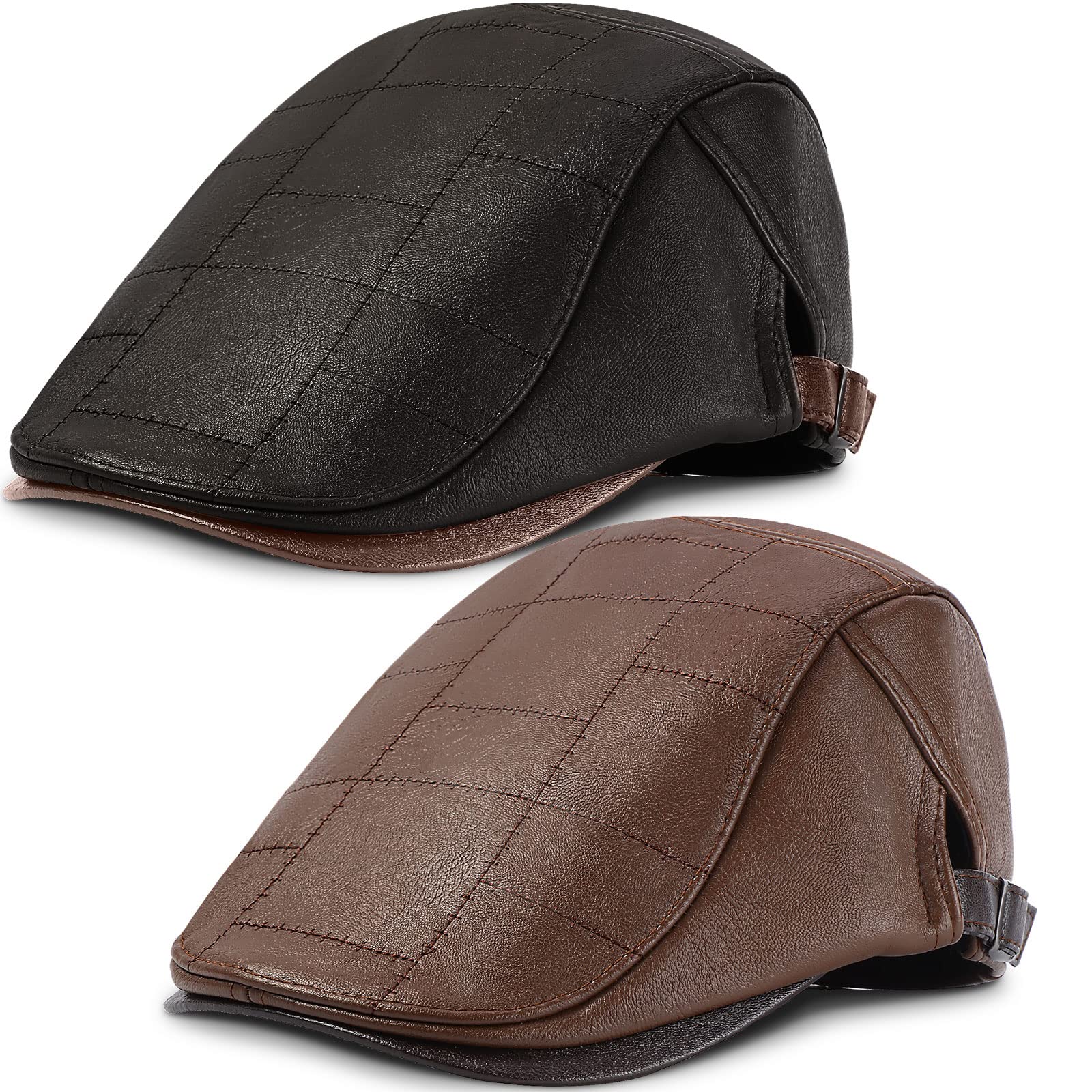 Men PU Leather Cap 2 Pieces Adjustable Newsboy Hat Winter Hat for Men Light Brown and Black Fishing Hat Leather Hats for Men