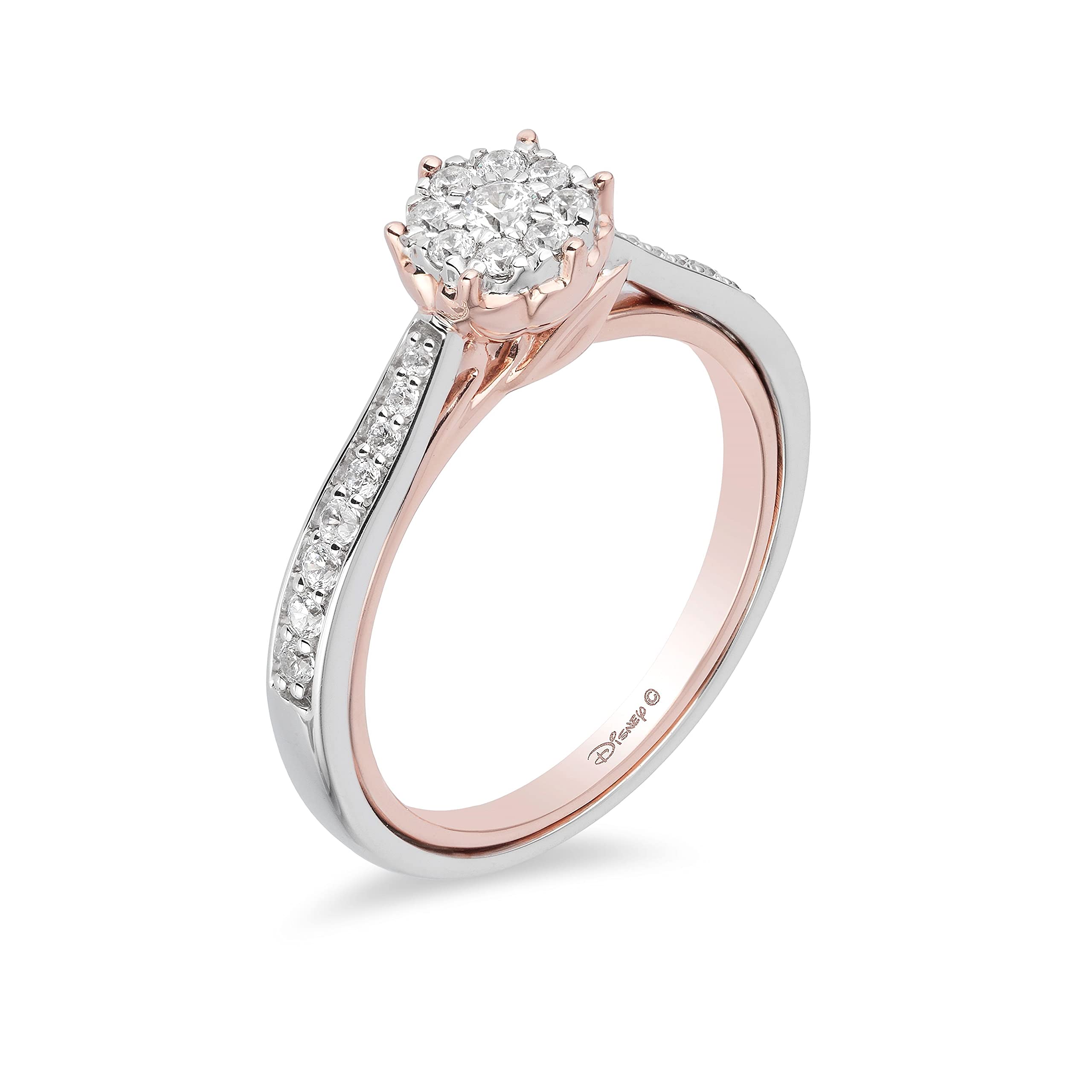Jewelili Enchanted Disney Fine Jewelry 10K White Gold and Rose gold 1/3 Cttw Diamond Belle Composite Rose Engagement Ring Size 6