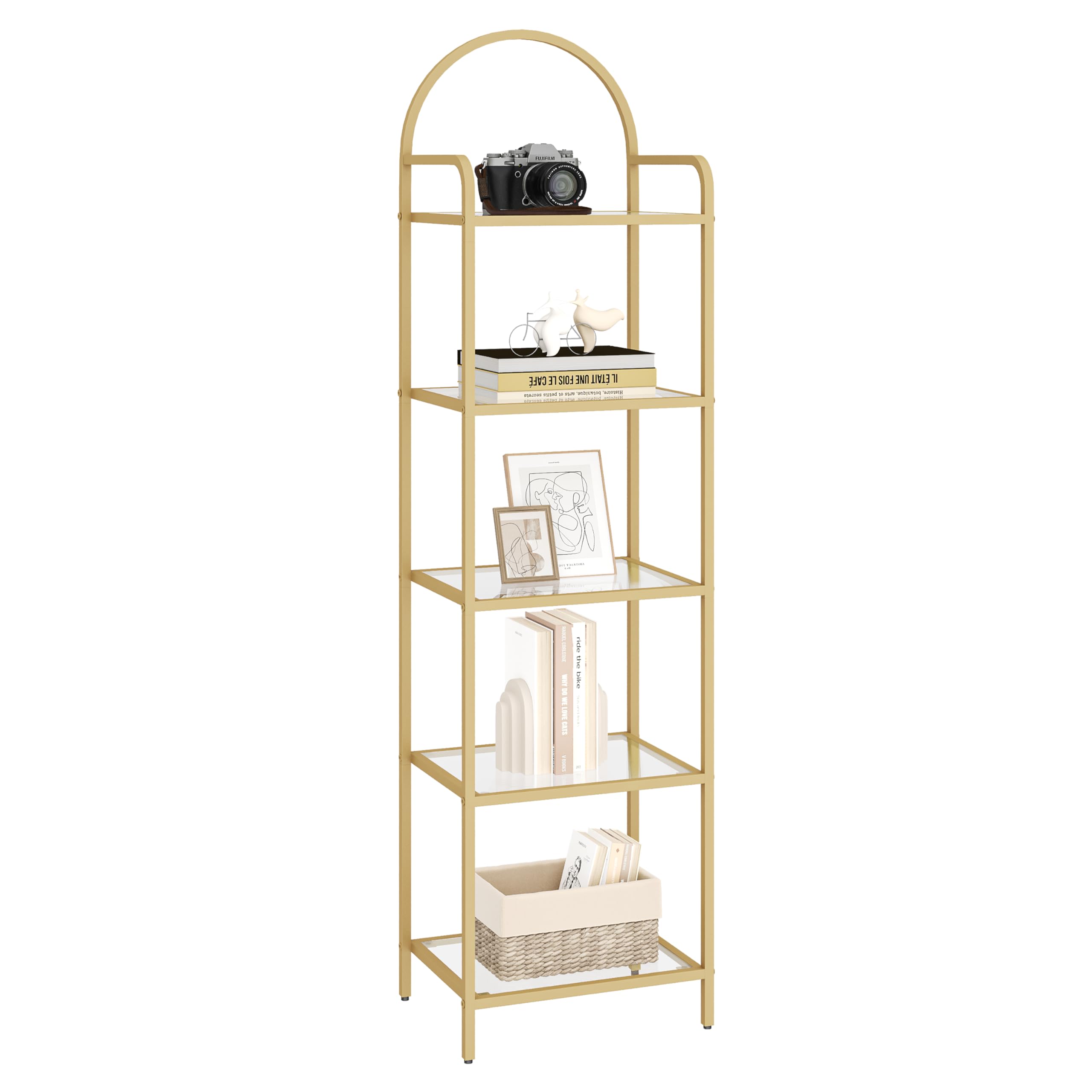 Hzuaneri Bookcase Bookshelf, Tempered Glass Bookshelves, Slim Shelving Unit for Bedroom, Bathroom, Home Office, Steel Frame, 5 Tier Gold BC05001G