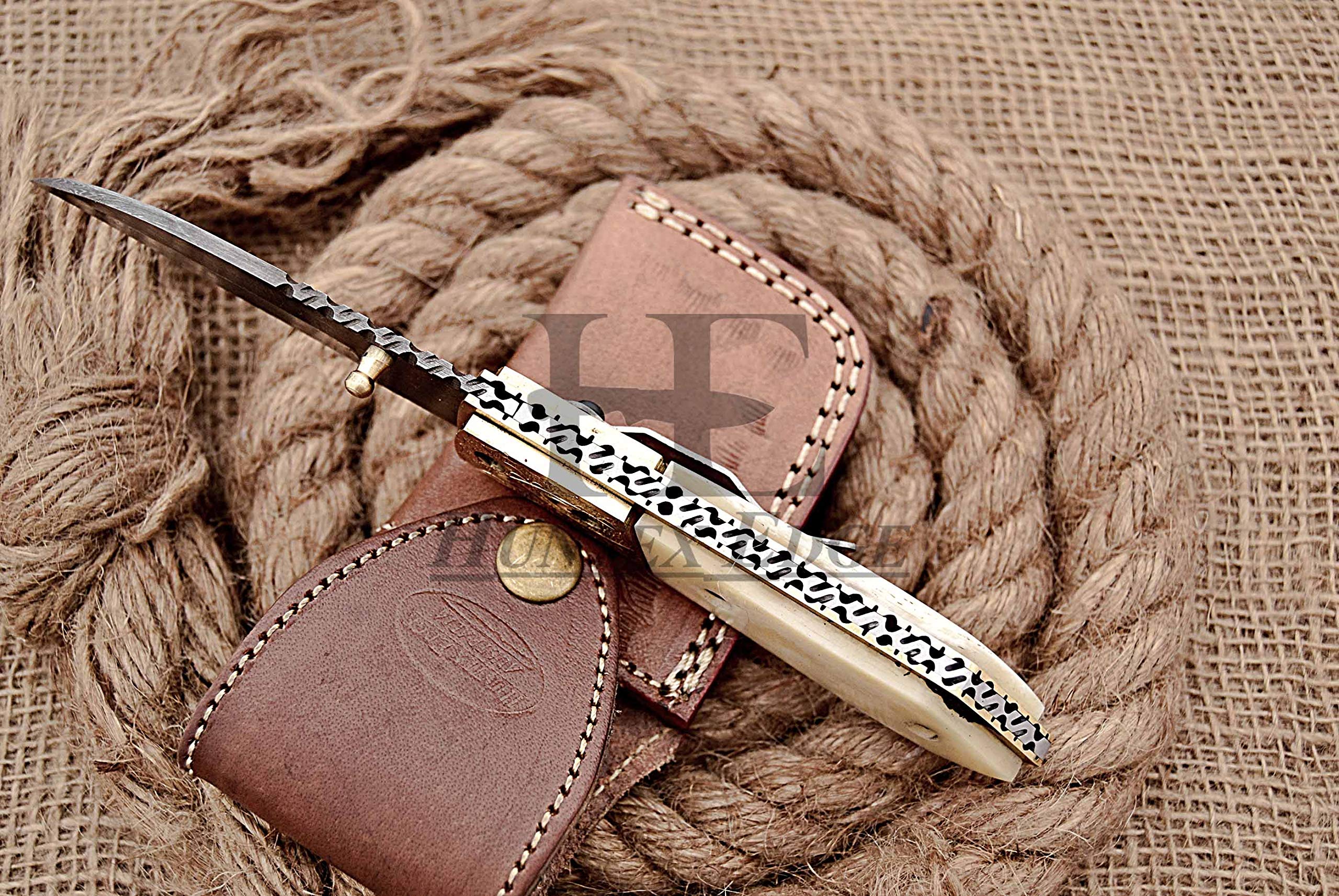 HUNTEX Custom Handmade Hand-Forged Twist Pattern Damascus Steel 4 Inch Long Natural Camel Bone Handle Razor Sharp Camp Hunting Folding Pocket Sheepsfoot Knife with Pocket Clip & Genuine Leather Pouch