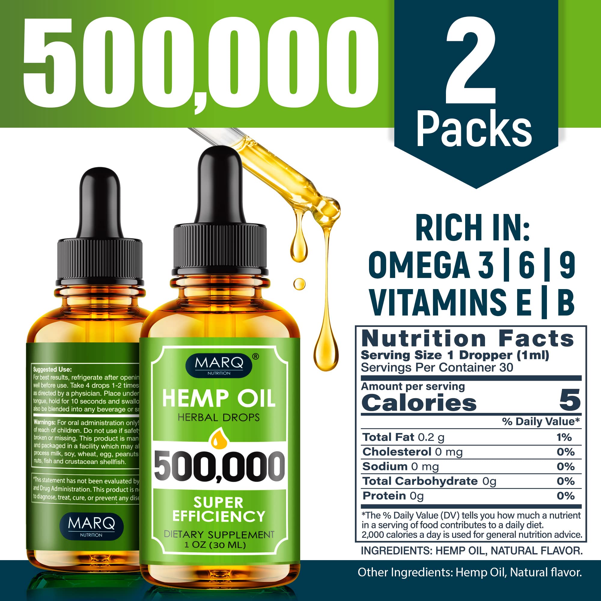 Hеmp Oil (2 Pack) – 500,000 – Colorado Sеed Extract - Natural Omega 3, 6, 9 Source - Made in USA - Providеs Restful Sleep
