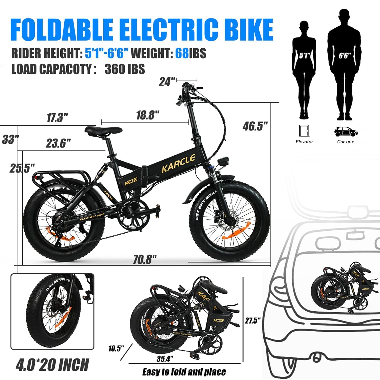 Karcle Electric Bike, 20” Fat Tire Folding Ebike 750W 32mhp Maximum Speed, 80 Miles Maximum Endurance, 7 Speed Gear Mountain Foldable Electric Bicycle for Adults