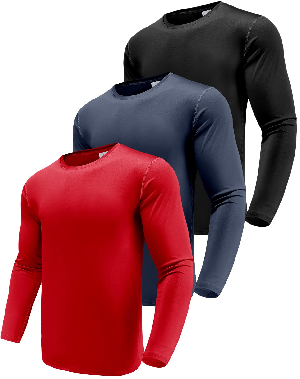 Men's 3 Pack Performance Long Sleeve T-Shirts, UPF 50+ Sun Protection Shirts, Athletic Workout Shirts for Running Fishing Hiking Black/Navy/Red-3P05-S