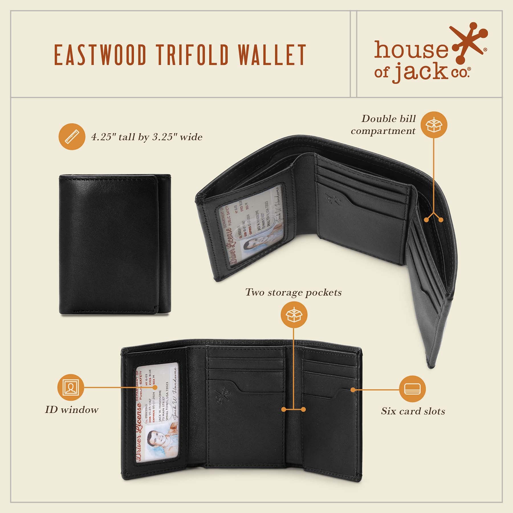 HoJ Co. Eastwood TRIFOLD Wallet | Double Bill Compartment | Extra Capacity Men's Tri fold Wallet | Nappa Full Grain Leather Black