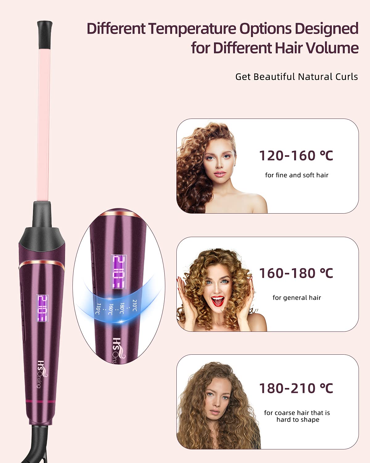 HS Onsing 3/8 Inch Small Curling Wand, Square Edges Mini Curling Iron Skinny Rectangular Ceramic Barrel Hair Curler, LCE Display, 10-Speed Temperature, Fast PTC Heating