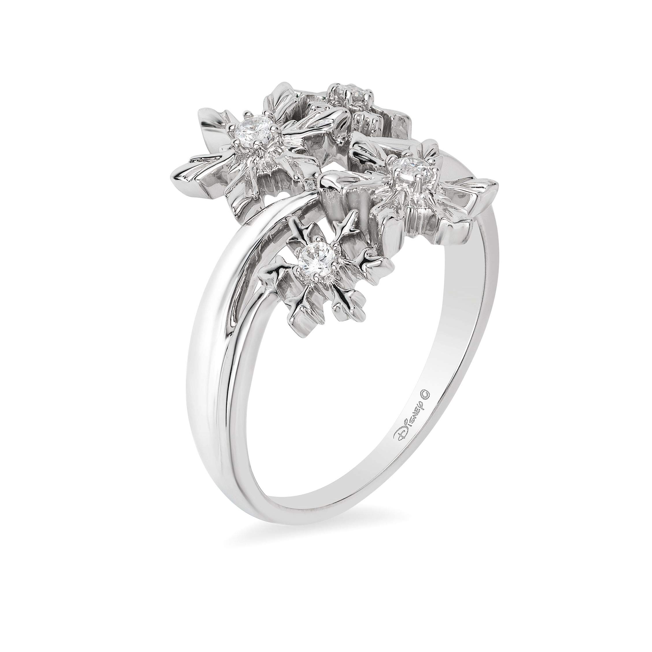 Jewelili Enchanted Disney Fine Jewelry Sterling Silver With 1/10 Cttw Diamonds Elsa Snowflake Ring, Size 5