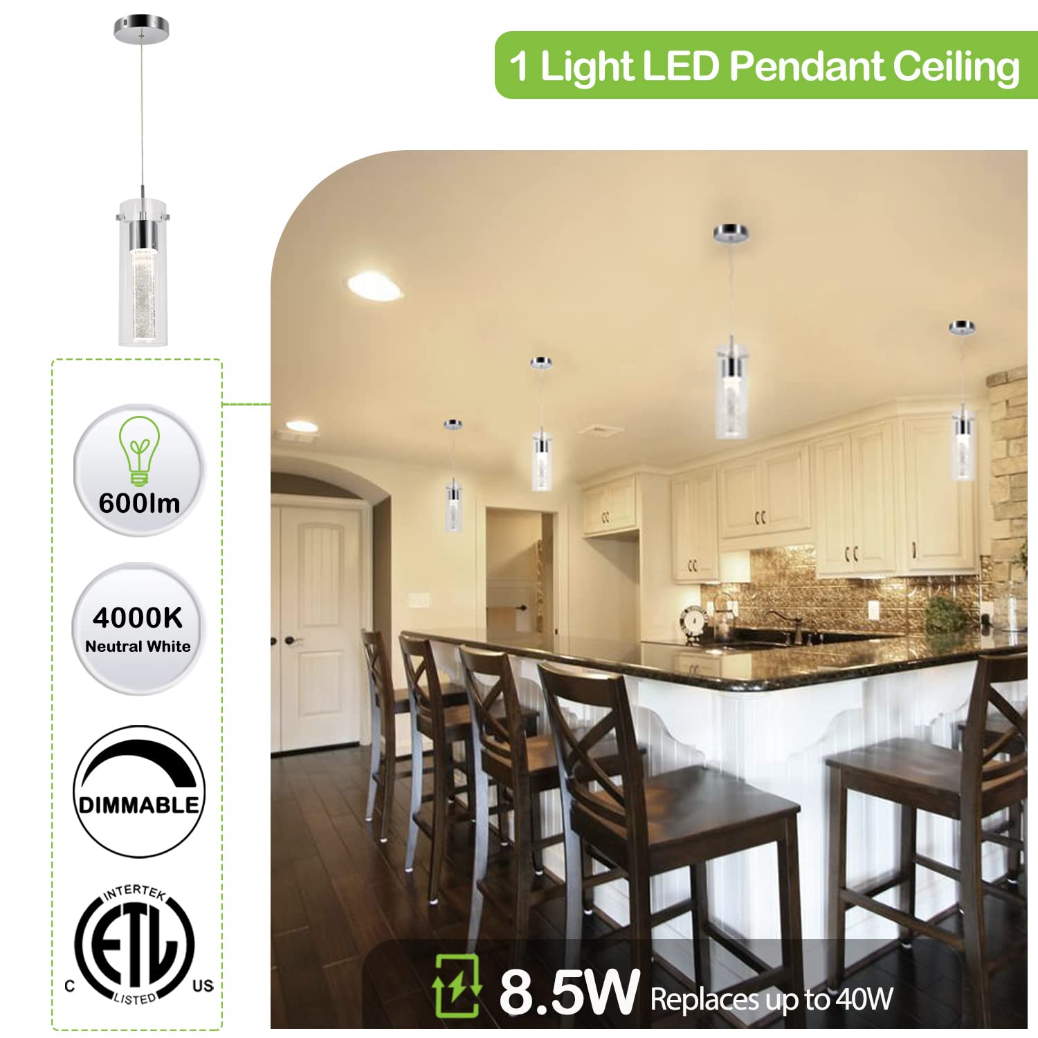 hykolity Pendant Light, 1-Light Integrated LED Kitchen Lighting, 8.5W (40 Watt Equivalent), CRI 90+, 640lm Premium Bubble Glass with Chromed Finished, ETL Listed