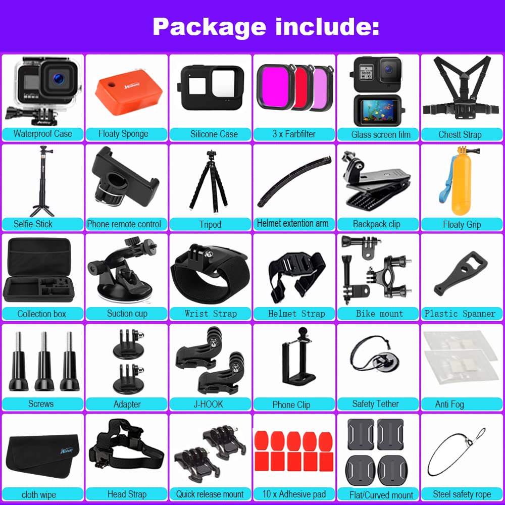 Husiway Action Camera Accessories Kit for Gopro Hero 8 Black Waterproof Housing Silicone Case Glass Screen Protector are Compatible with Gopro8 Hero8 62D