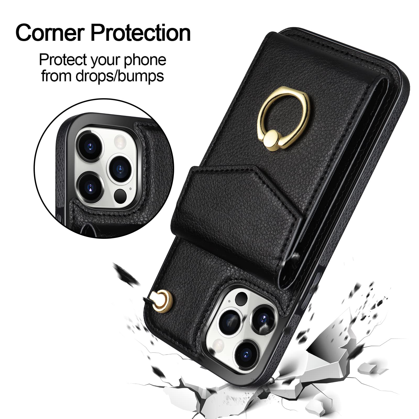 HianDier for iPhone 12 Pro MAX 6.7-inch Wallet Case with Bracelet Chain + Camera Lens Protector, with RFID Blocking Card Holder 360° Rotation Ring Stand Kickstand Protective PU Leather Cover, Black