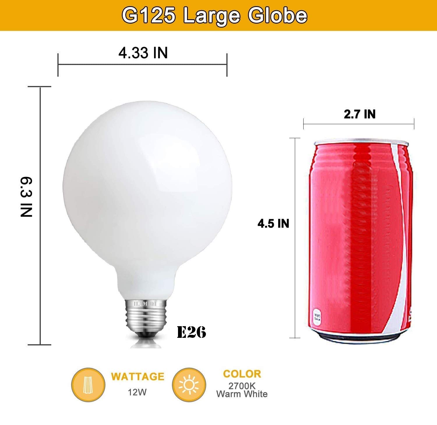 ILAMIQI G125 Large Frosted Glass LED Light Bulbs, 8W LED Globe Bulb 3000K Warm White E26 Medium Base, Vintage Edison Large Globe LED Light Bulb, Non-Dimmable,Pack of 1