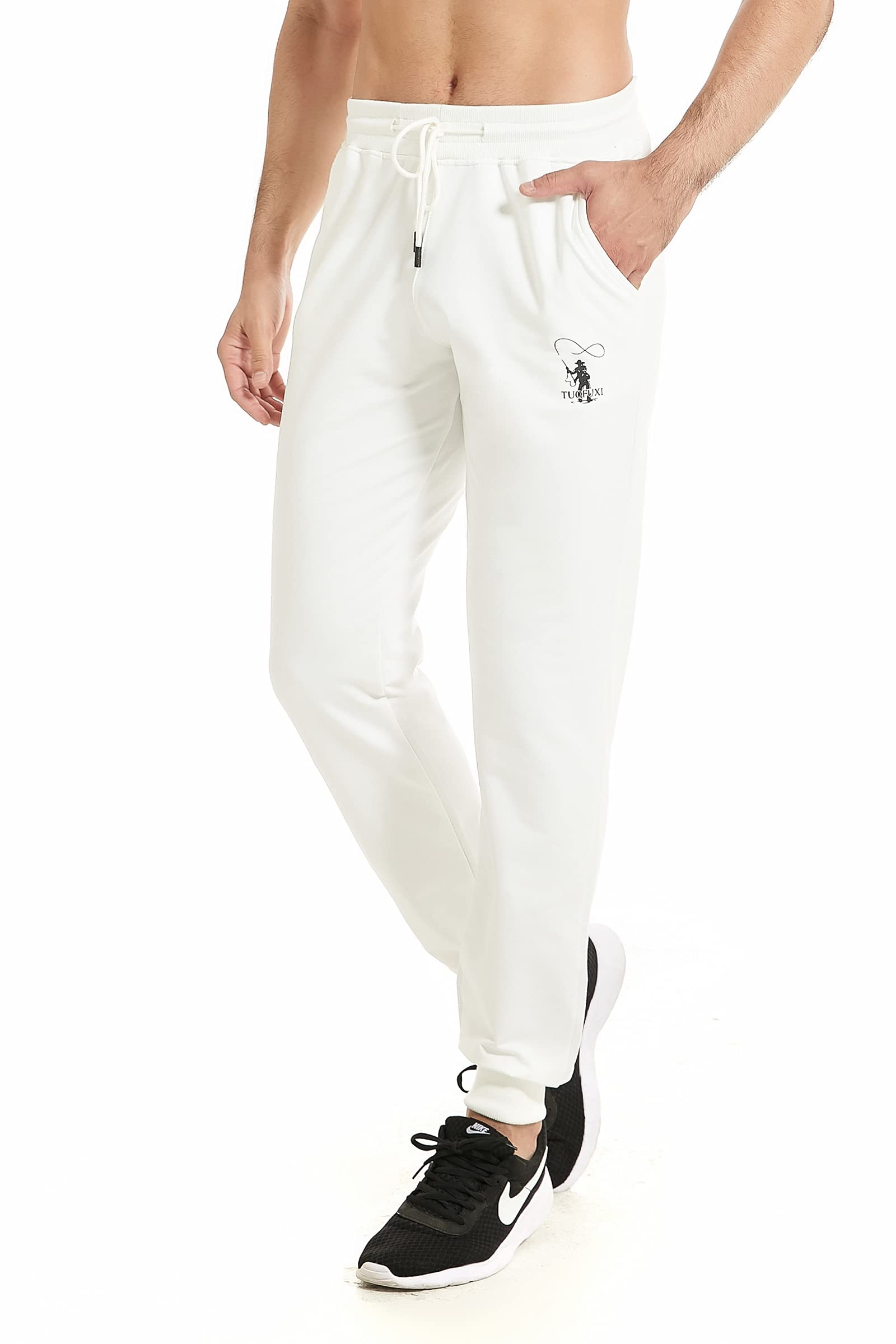 Men's Cotton Joggers Sweatpants Casual Jogger Scrub Track Pants Comfort Trousers for Jogging Yoga Training Solid White, 34