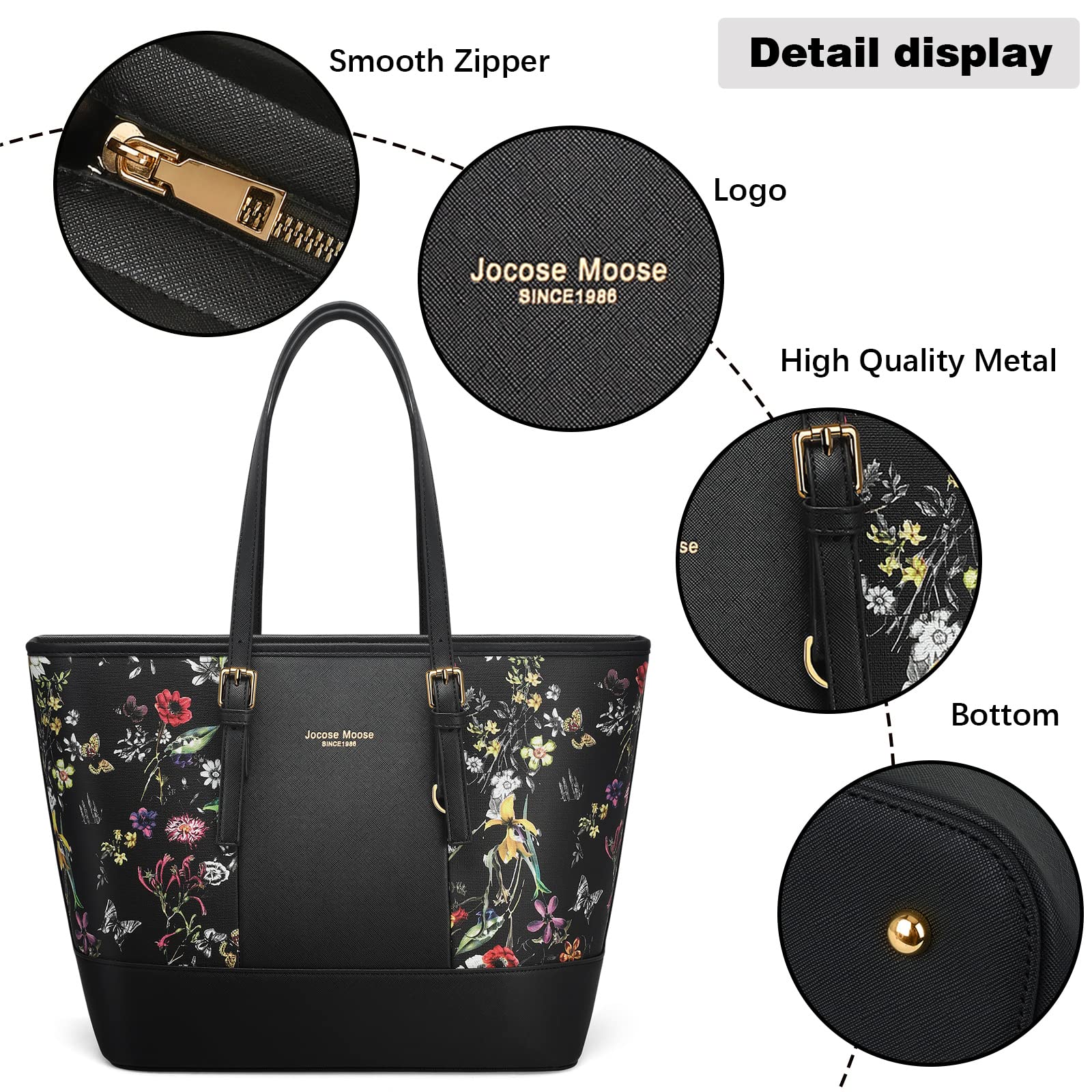 Jocose Moose Handbags for Women Wallet Tote Bag Shoulder Bag Top Handle Satchel Purse Set 3pcs (Black Print)