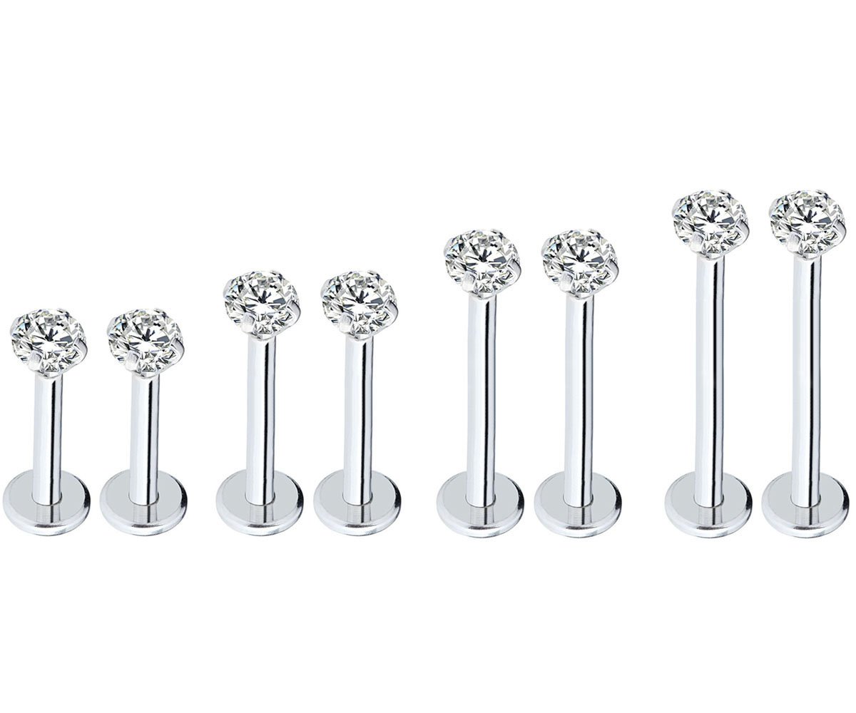 Injoy Jewelry 4 Pairs 16G Stainless Steel 3mm Round Cubic Zircon Lip Studs Labret Monroe Nose Tragus Helix Ear Piercing Jewelry 6-12mm Bar Length