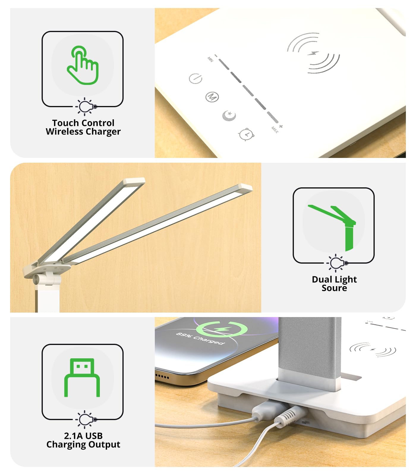 HSicily LED Desk Lamp with Wireless Charger, Double Head Desk Lamps for Home Office, Bright Desk Lamp with USB Charging Port for College Dorm Room, 5 Light Modes Desk Light with Timer, Night Light