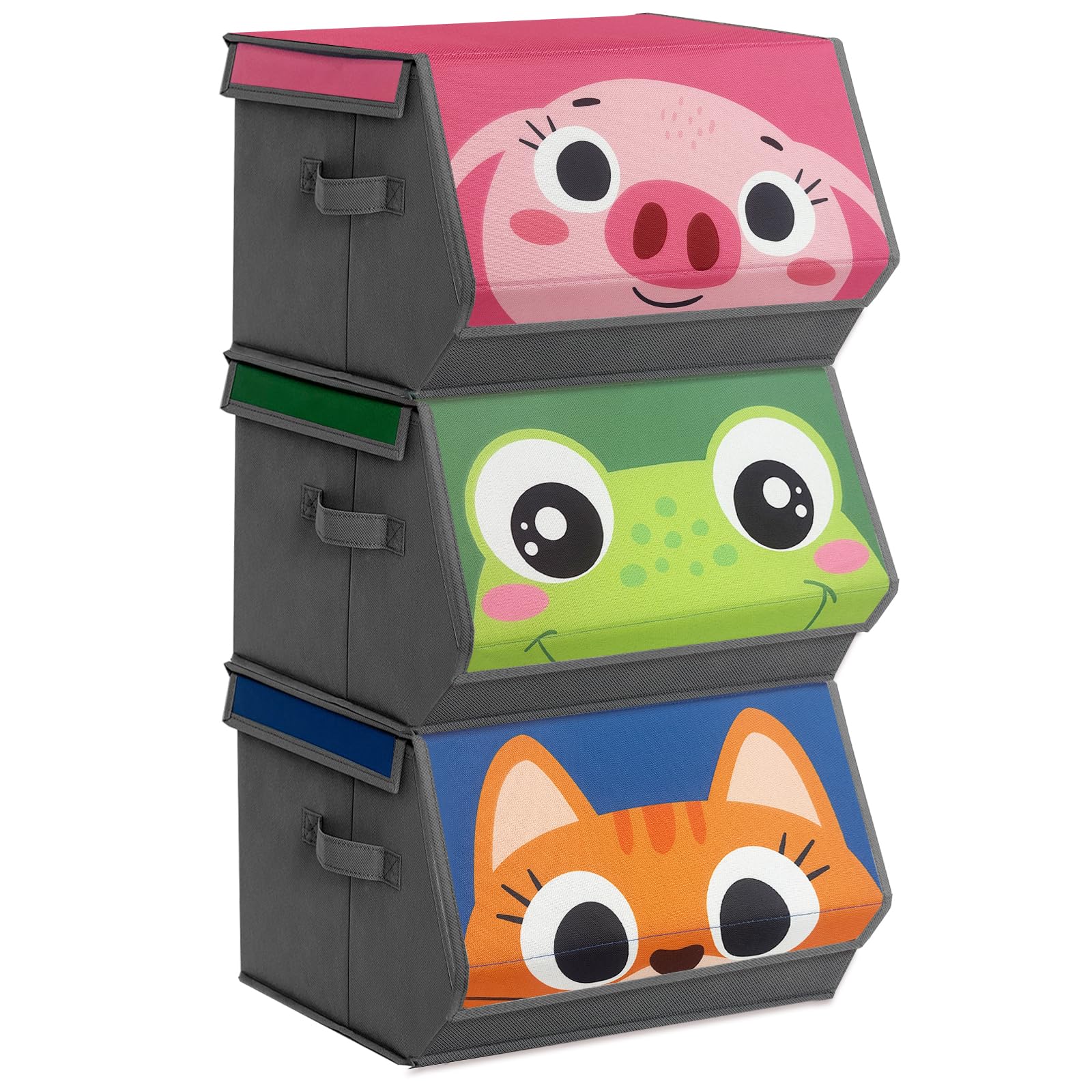 VERONLY 3 Pack Stackable Storage Bins for Boys and Girls, Kids Storage Drawers Boxes with Lids, Foldable Closet Organizers with Velcro for Bedroom, Playroom, Kindergarten, Nursery(Pink, Green, Blue)