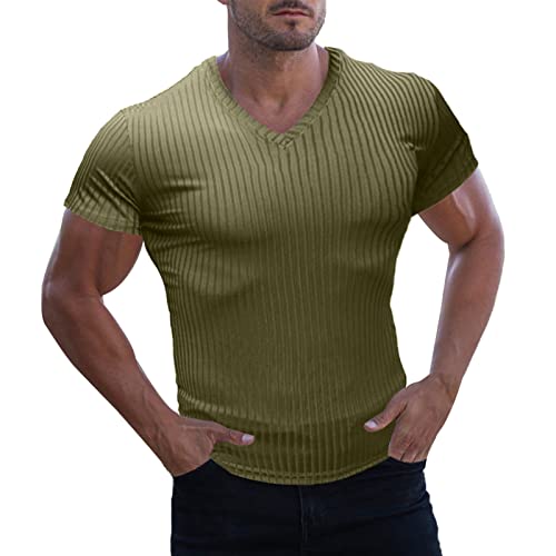 Men's Fashion Athletic T Shirts Short Sleeve V-Neck Shirts Muscle Workout Solid Color Tee Shirt Top