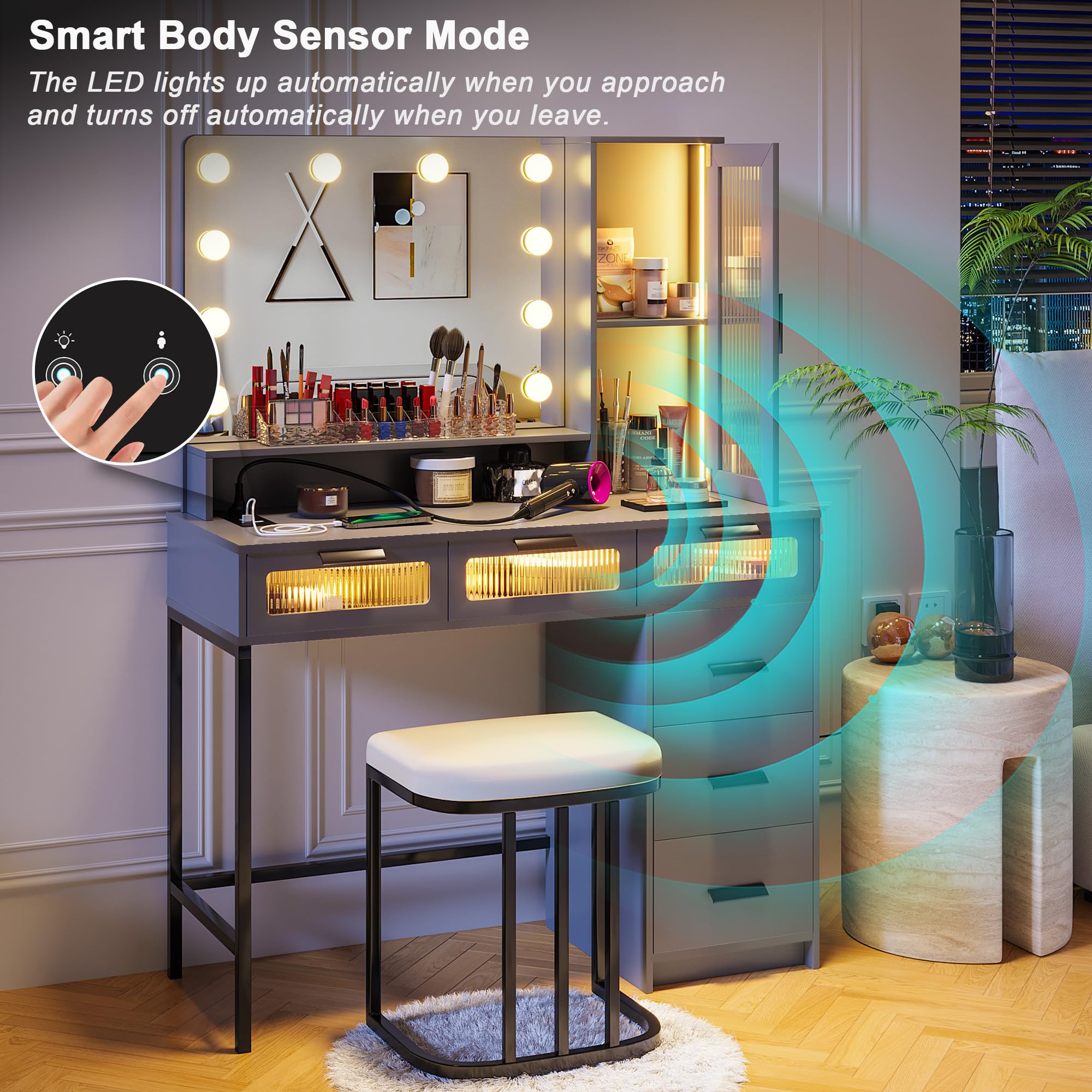 HNEBC Makeup Vanity with Lights, Vanity Makeup Desk with Charging Station,Vanity Table Set with LED Mirror, Vanitys with 6 Drawers/Stool, with Senser Mode Dressing Table, Grey