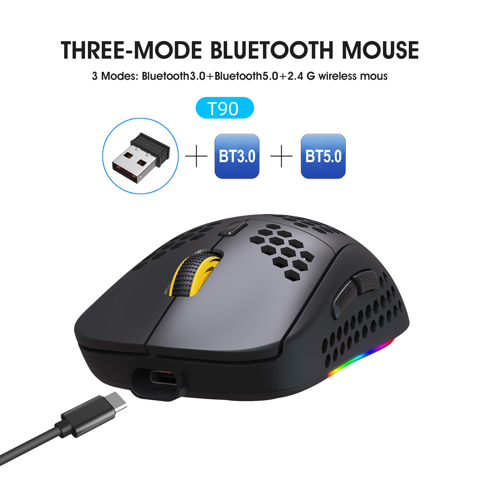 HXSJ Wireless Light Gaming Mice, Three-Mode 2.4G and Bluetooth Mouse Ultra-Light Honeycomb Shell Mouse, RGB Backlight,6 Buttons, Adjustable 3600 DPI,USB Receiver,Ergonomic Mouse for PC Gamers Black