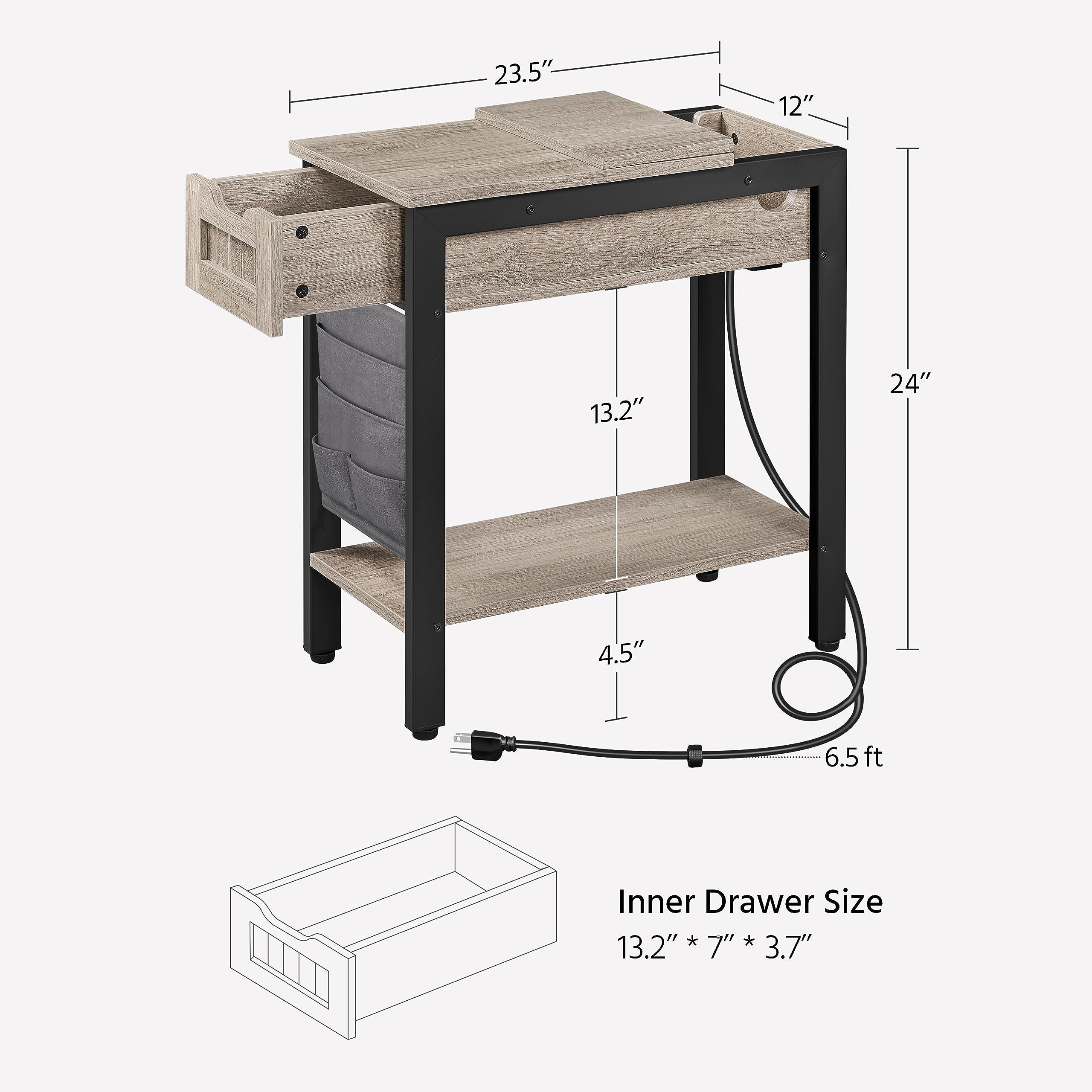 Yaheetech Narrow End Table with Charging Station, Flip Top Side Table with Drawer & Shelf & Removable Fabric Bag, Wood Nightstand Bedside Table with USB for Living Room/Bedroom/Small Space, Gray