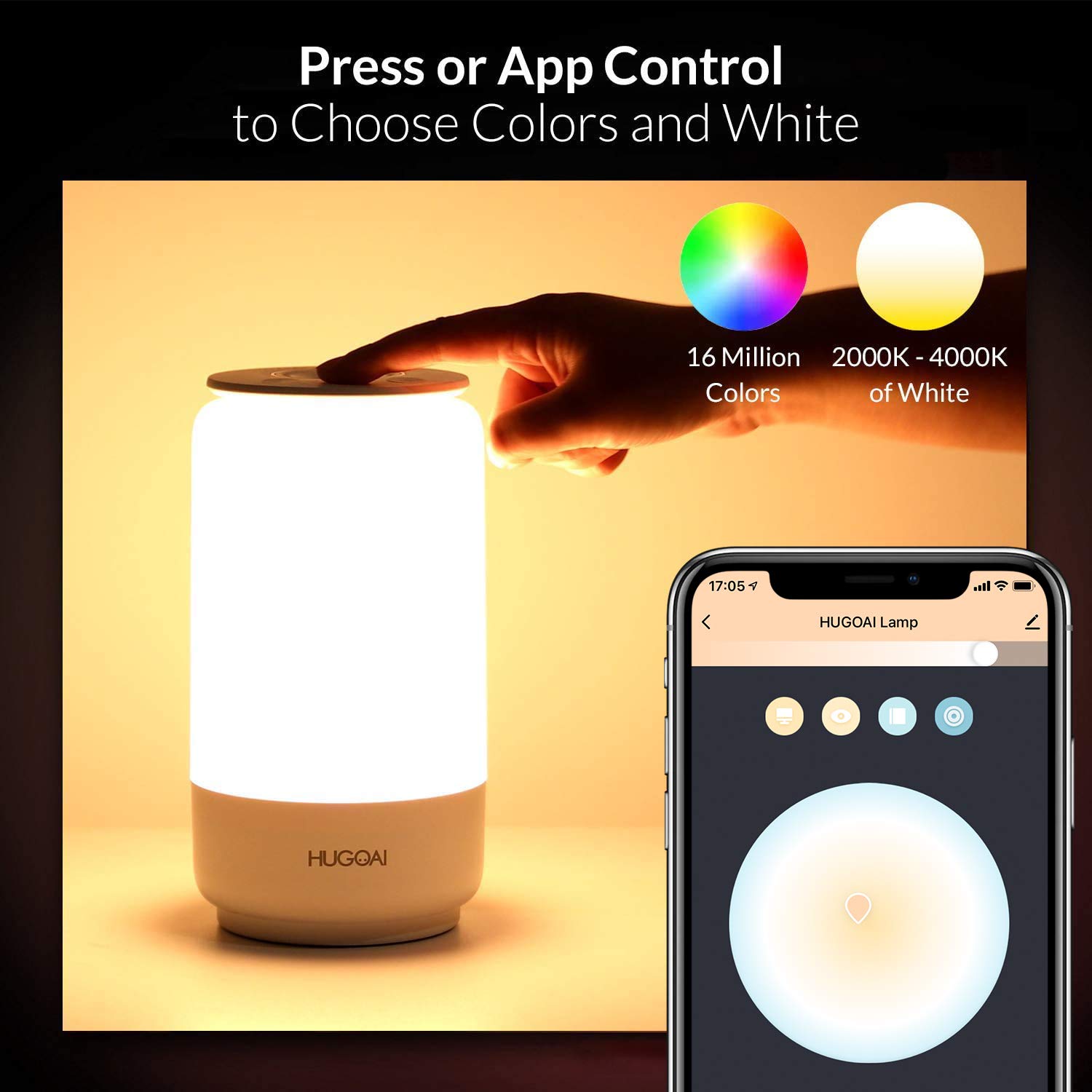 HUGOAI Smart Table Lamp, Dimmable RGBW Bedside Lamps for Bedroom, Works with Alexa and Google Home, LED Nightstand Lamp, No Hub Required, Grey【2022 Updated Version】