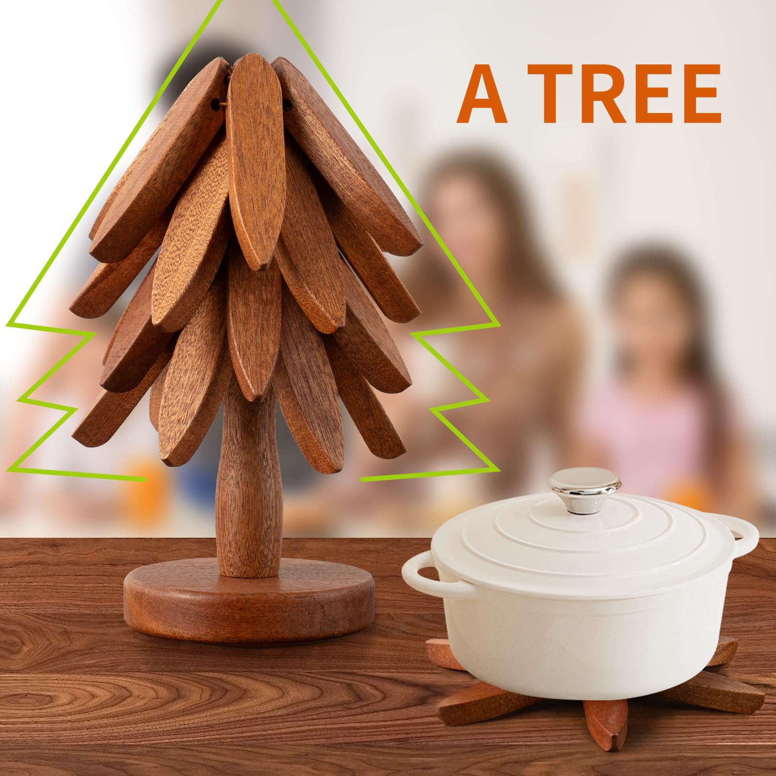 Vertdens Wooden Trivets for Hot Dishes, Tree Shape Trivet Set,Hot Dish Coaster with Tree-Shaped Wood Collapsible Hot Pad Trivet Tree for Restaurant,4 Wooden Trivet + 1 Stand(Walnut Wood)