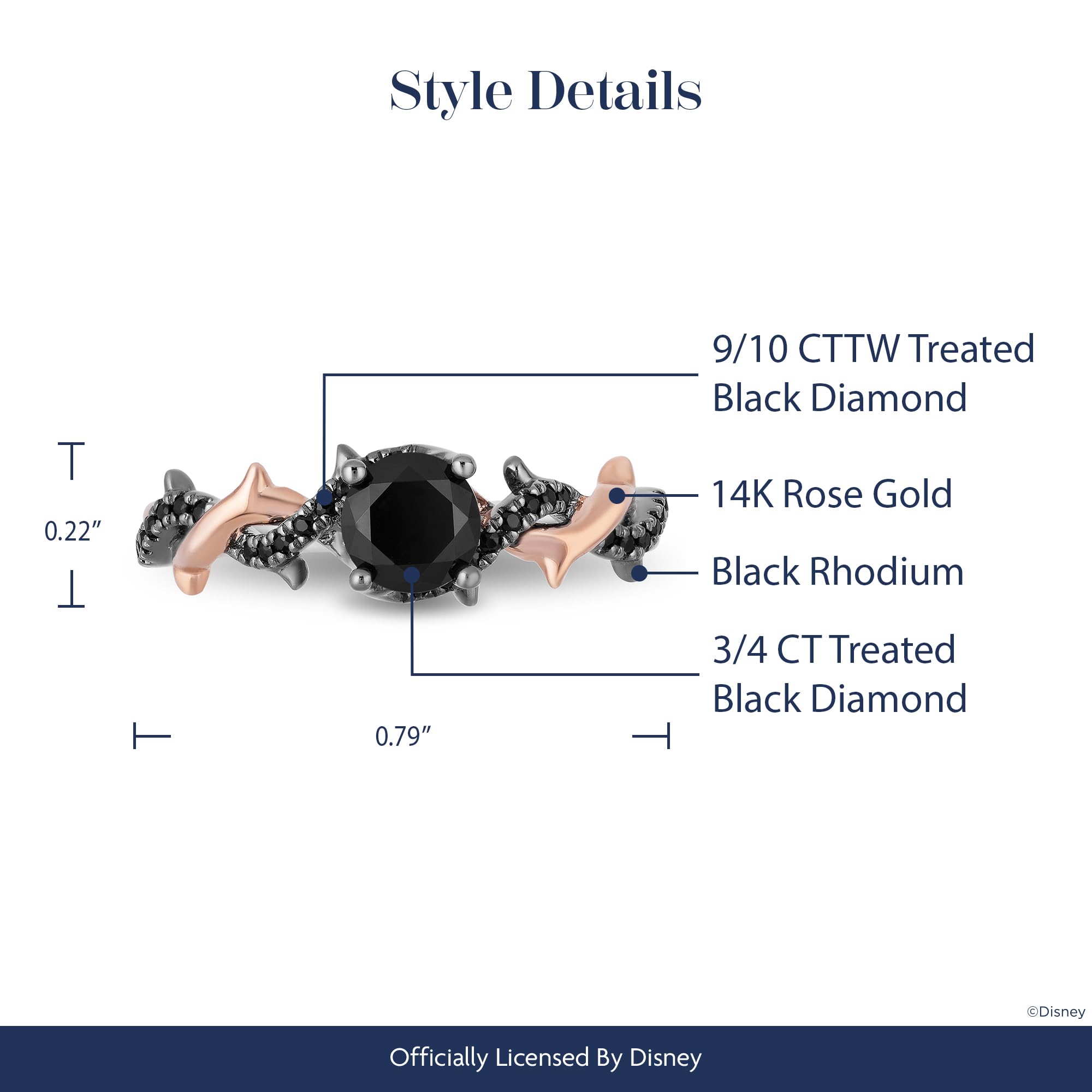 Jewelili Enchanted Disney Fine Jewelry 14K Rose and White Gold with Black Rhodium 9/10 Cttw Black Diamond Maleficent Bridal Ring, Size 8