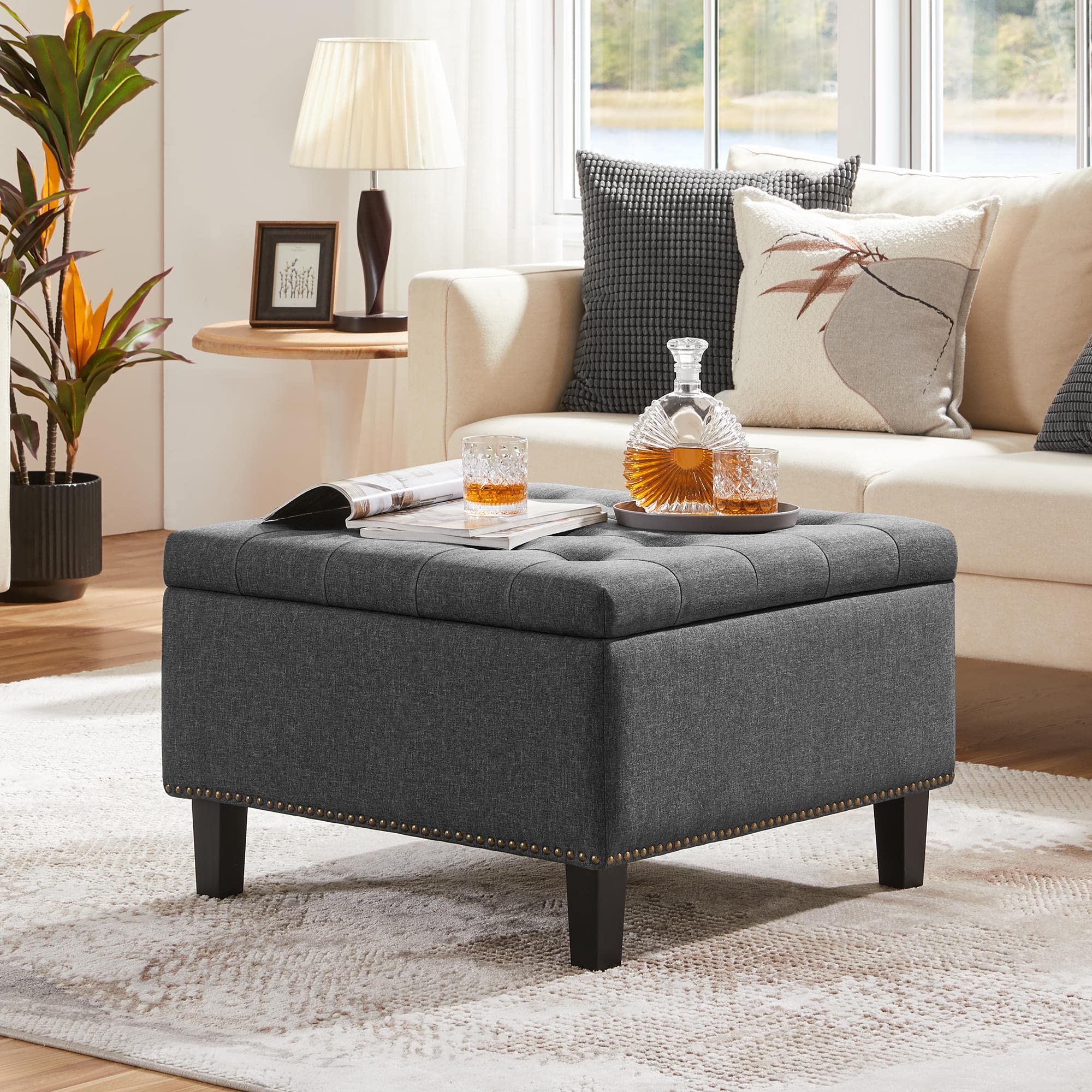 Yaheetech Ottoman with Large Storage, Multifunctional 28-inch Storage Bench, Bedroom Bench Foot Rest with Cushion as Footboard Bench, Sofa Bench, Coffee Table for Living Room Entryway Gray