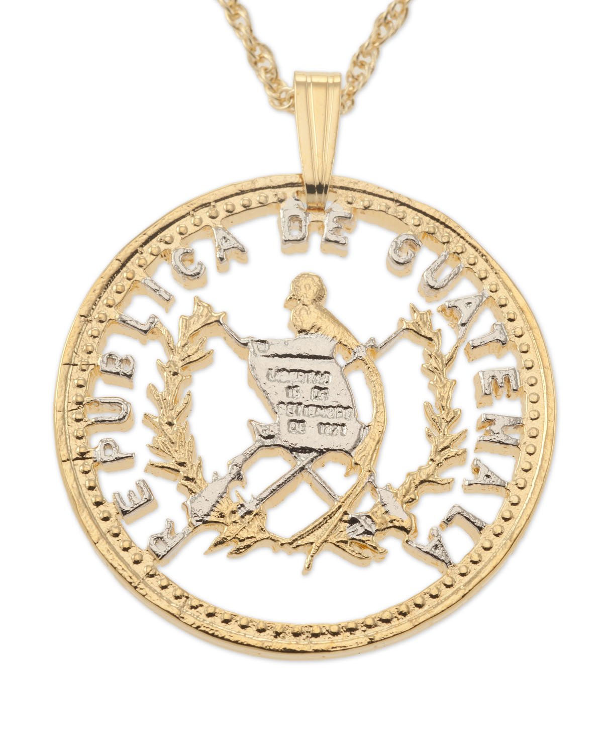 Guatemala Coin Pendant and Necklace, Guatemala Coin Hand Cut, 1 1/4" in Diameter, (# 864)