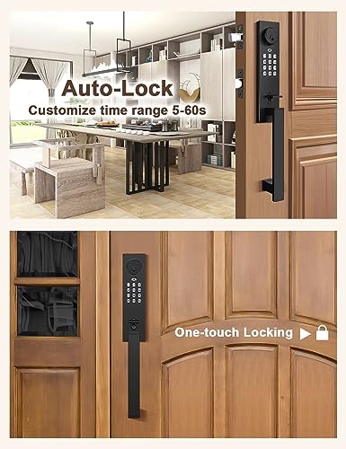 Tinewa Smart Entry Door Lock Set, Electronic Full Escutcheon Door Handle, Digital Keypad Deadbolt with App, Heavy Duty Black Front Door Handle with Single Cylinder Deadbolt, Auto Locking