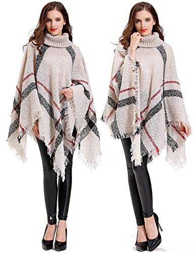 HITOP Womens Dress Ponchos, Boho Loose Tassel Plaid Poncho Turtleneck Jumper Knit Oversized Pullover Sweater Tops for Women Beige