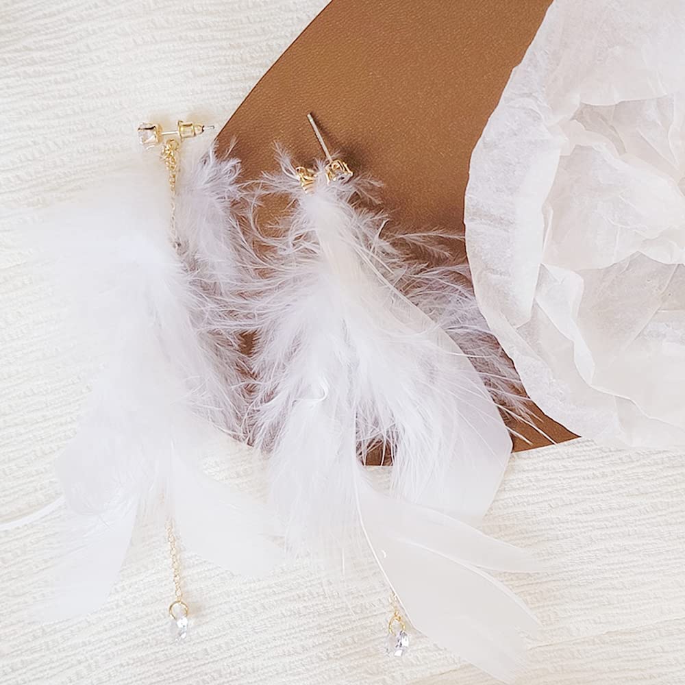 Jemant White Feather Earrings For Women Boho Style Long Faux Pearl Tassel Chain Cubic Zirconia Dangle Drop Aesthetic Elegant Black Feather Earrings For Bride Mothers Wife (White)