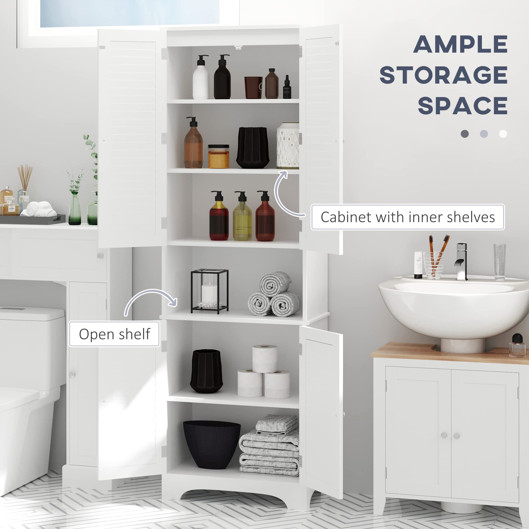 HOMCOM Tall Narrow Bathroom Storage Cabinet with Doors and Shelf Adjustability, Freestanding Bathroom Linen Cabinet with 2 Cabinets and Countertop, Bathroom Floor Cabinet, White
