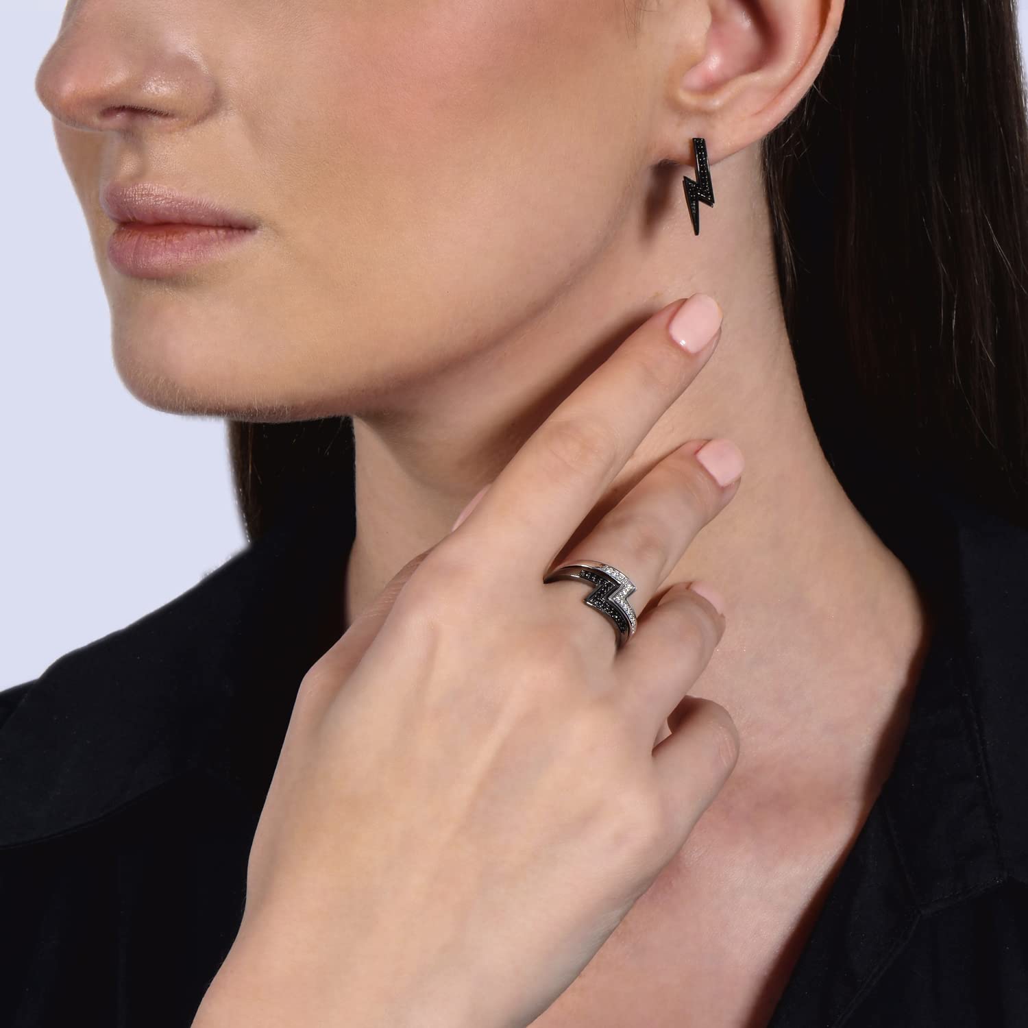 Jewelili Enchanted Disney Fine Jewelry I Rock Sterling Silver and Black Rhodium 1/4 cttw Diamond Disney Cruella Live Action Stack Ring, Size 9