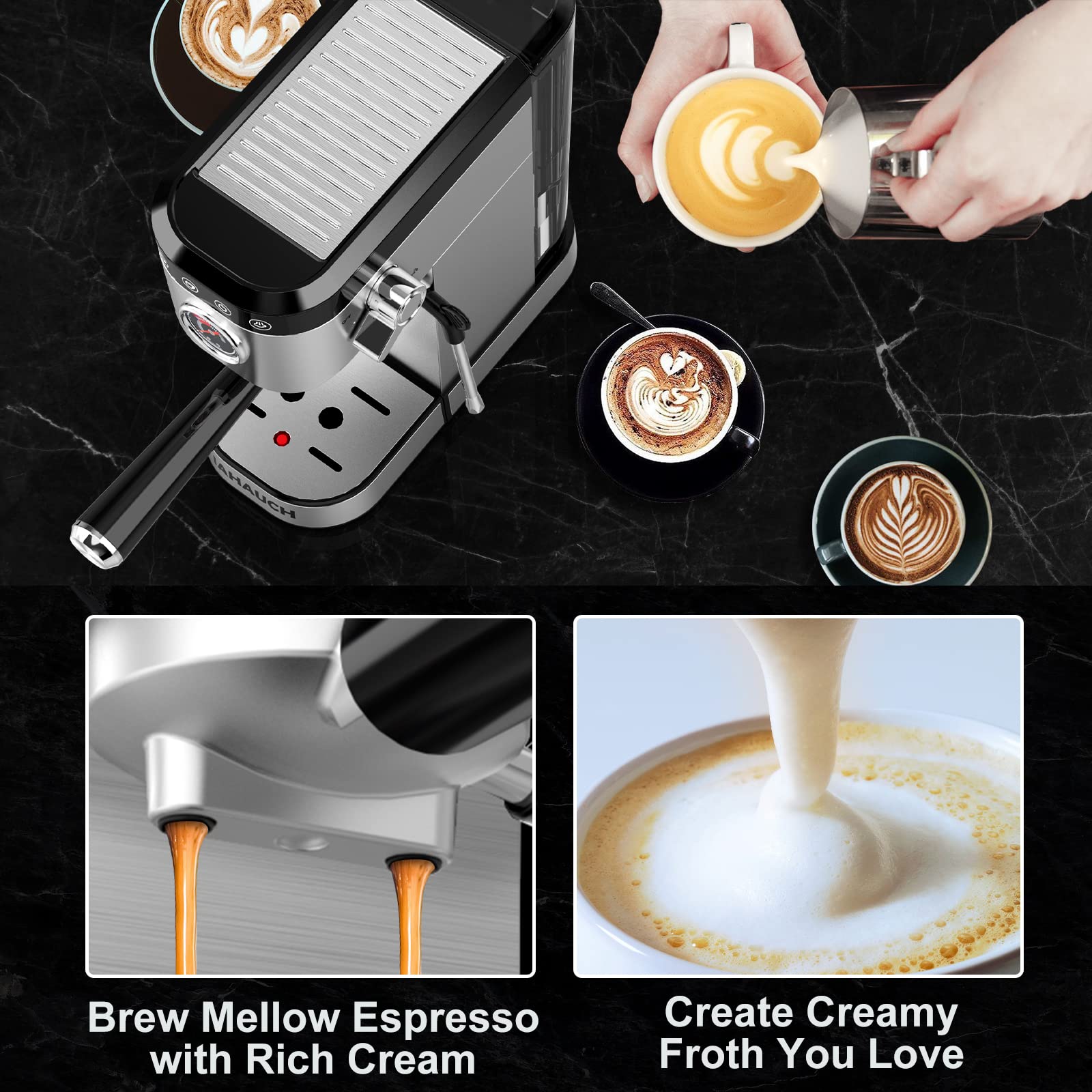 IAHAUCH Espresso Machine 20 Bar, Professional Espresso Maker with Milk Frother Steam Wand, Compact Coffee Machine with 37oz Removable Water Tank
