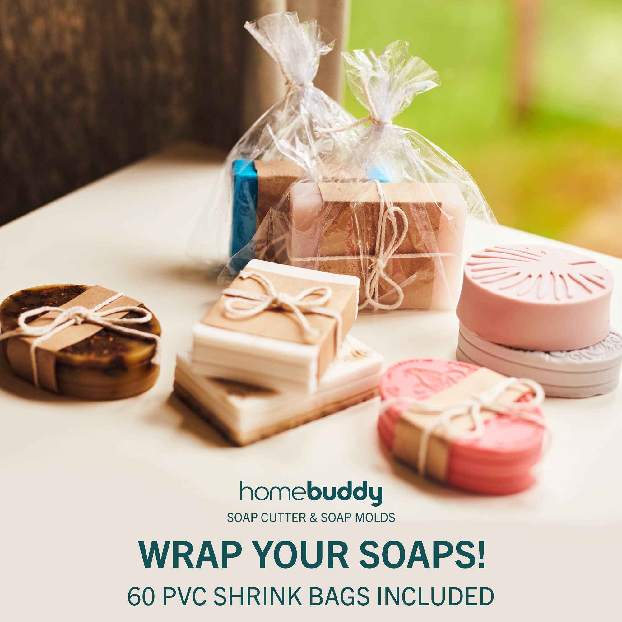 HomeBuddy Soap Molds with Soap Cutter Set - Ultimate Soap Making Supplies, Silicone Mold Making Kit with Bamboo Box and Lid, Adjustable Wooden Soap Mold Cutter - All in One Soap Molds for Soap Making
