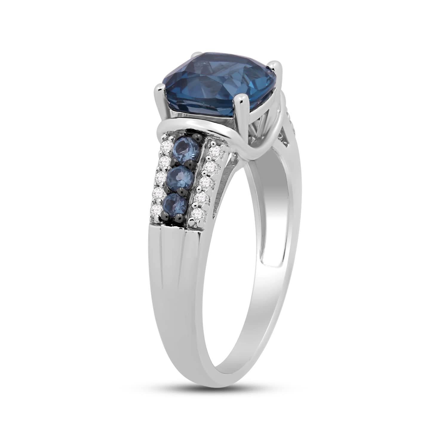 Jewelili Sterling Silver 8x8 MM Cushion and Round Cut London Blue Topaz with Round Created White Sapphire Ring, Size 7
