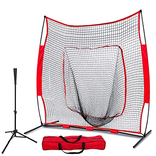 Hype Pro-Style Batting Tee +Baseball Softball 7'×7' Practice Net w/Bag and Bow Frame