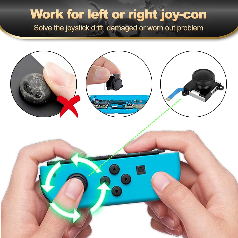 Joycon Joystick Replacement, 2 Pack, Switch Analog Stick Parts for Nintendo Switch Joy Con, Controller Repair Kit Include Thumb 3D Sticks, Left & Right Slider Set, Metal Buckles, and Repair Tool Kit