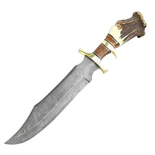 HUNT-DOWN 17" Damascus Steel Real Stag Horn Handle Hunting Knife Hand Made With Leather Sheath