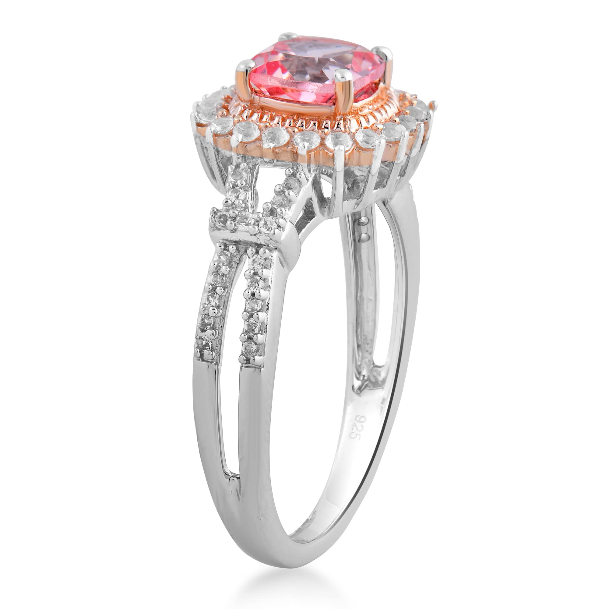 Jewelili Rose Gold Over Sterling Silver 6x6 MM Cushion Cut Created Morganite and Created Round White Sapphire Halo Engagement Ring, Size 7