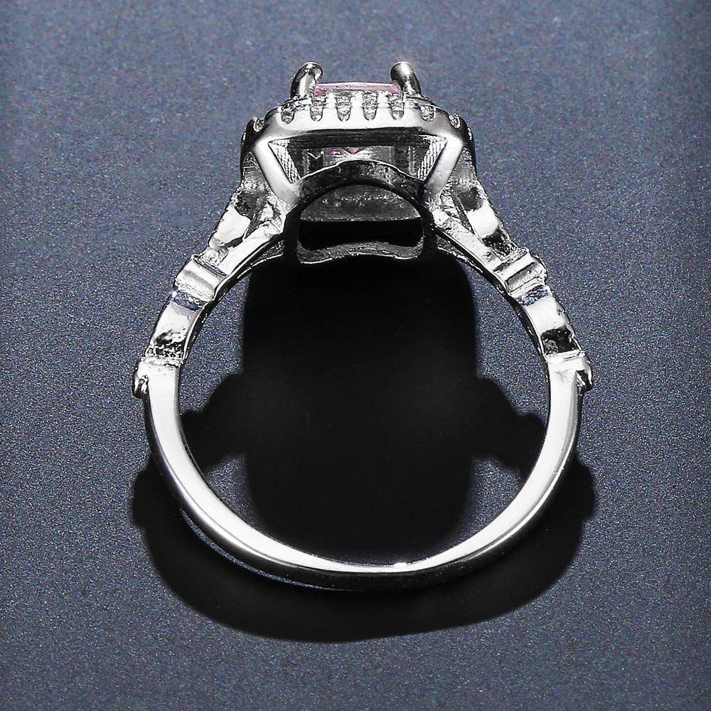 Imitation 925 Sterling Silver Pink Color Gold Micro Setting Diamond Ring CZ Square Diamond Princess Promise Engagement Wedding Women's Ring (US Code 6-10) (6)