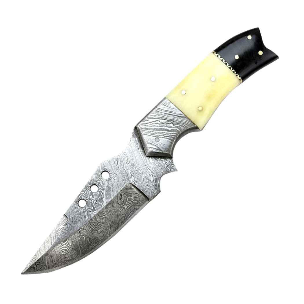 HUNT-DOWN 9.5" Damascus Blade Horn Handle Hunting Knife with Leather Sheath