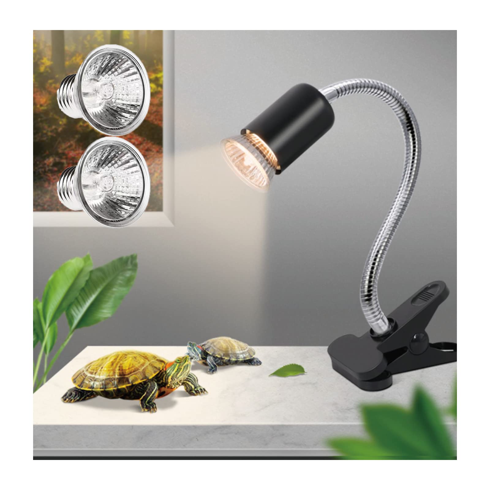 Heat lamp for reptiles,UVA UVB Turtle Heating Lamp with Two Heat Bulbs, Turtle Basking Light with 360° Rotatable Hose & Clamp & Adjustable Switch for Bearded Dragon Reptiles Turtle Lizard Snake