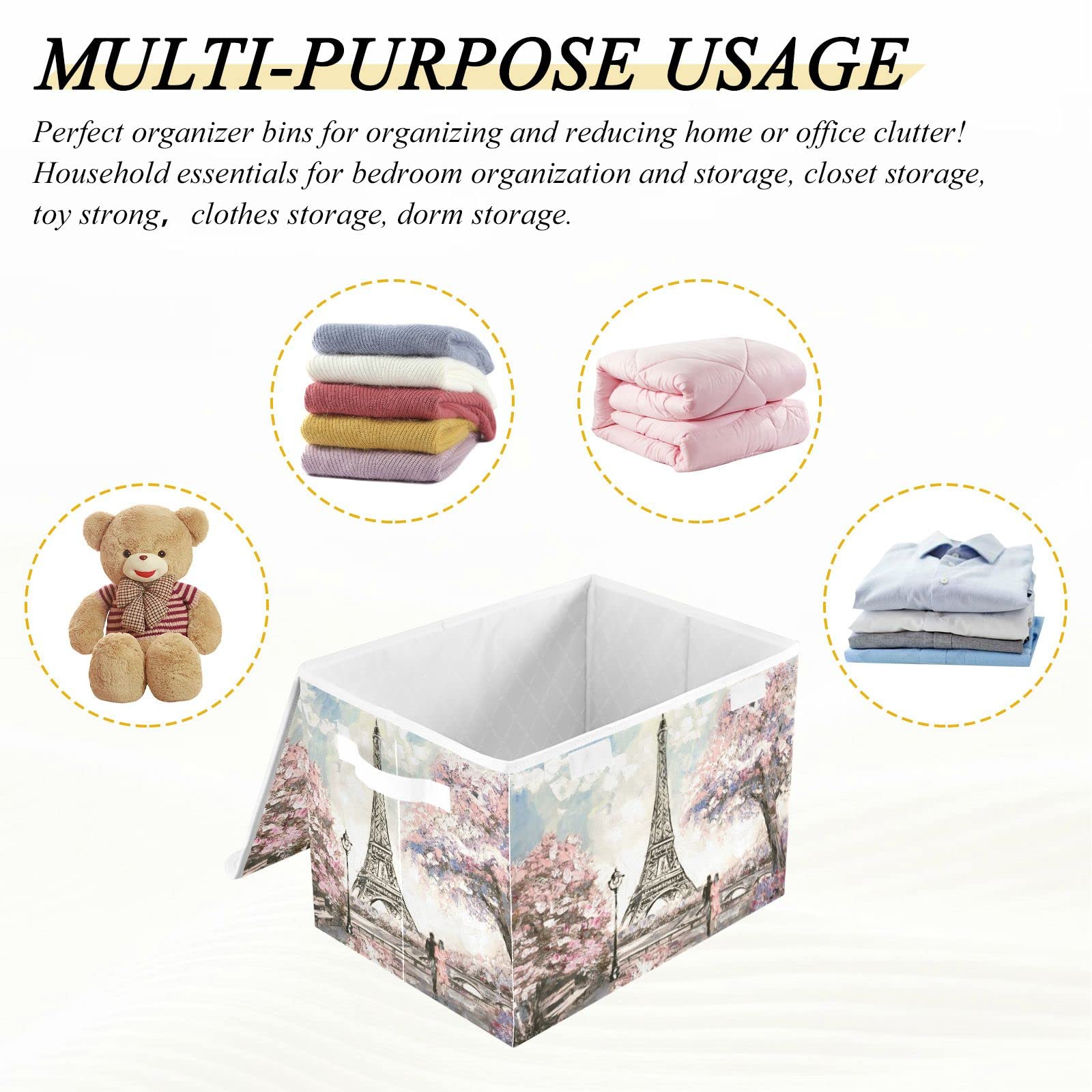 Kigai Beautiful Paris Eiffel Tower Lidded Home Storage Bins, Foldable Storage Basket with Double Handle, Flip-Top Storage Box for Toys Clothes Documents