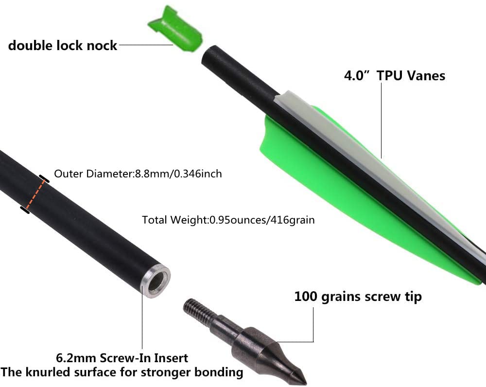 IRQ Carbon Crossbow Bolts 20 Inch Hunting Archery Arrows for Outdoor Practice, Removable Tips (Pack of 12) (20 in Green and White)