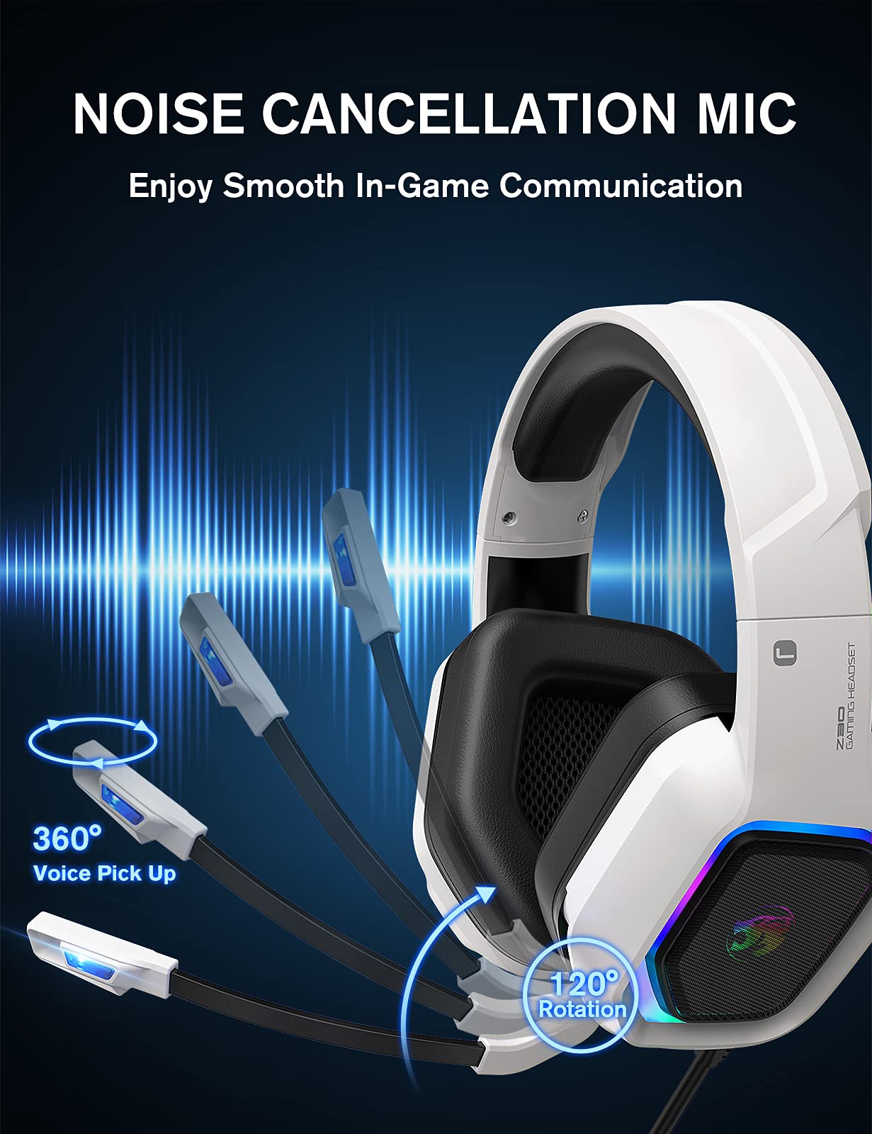 ZIUMIER Z30 White Gaming Headset for PS4, PS5, Xbox One, PC, Wired Over-Ear Headphone with Noise Isolation Microphone, RGB Flowing LED Light, Bass Surround Sound