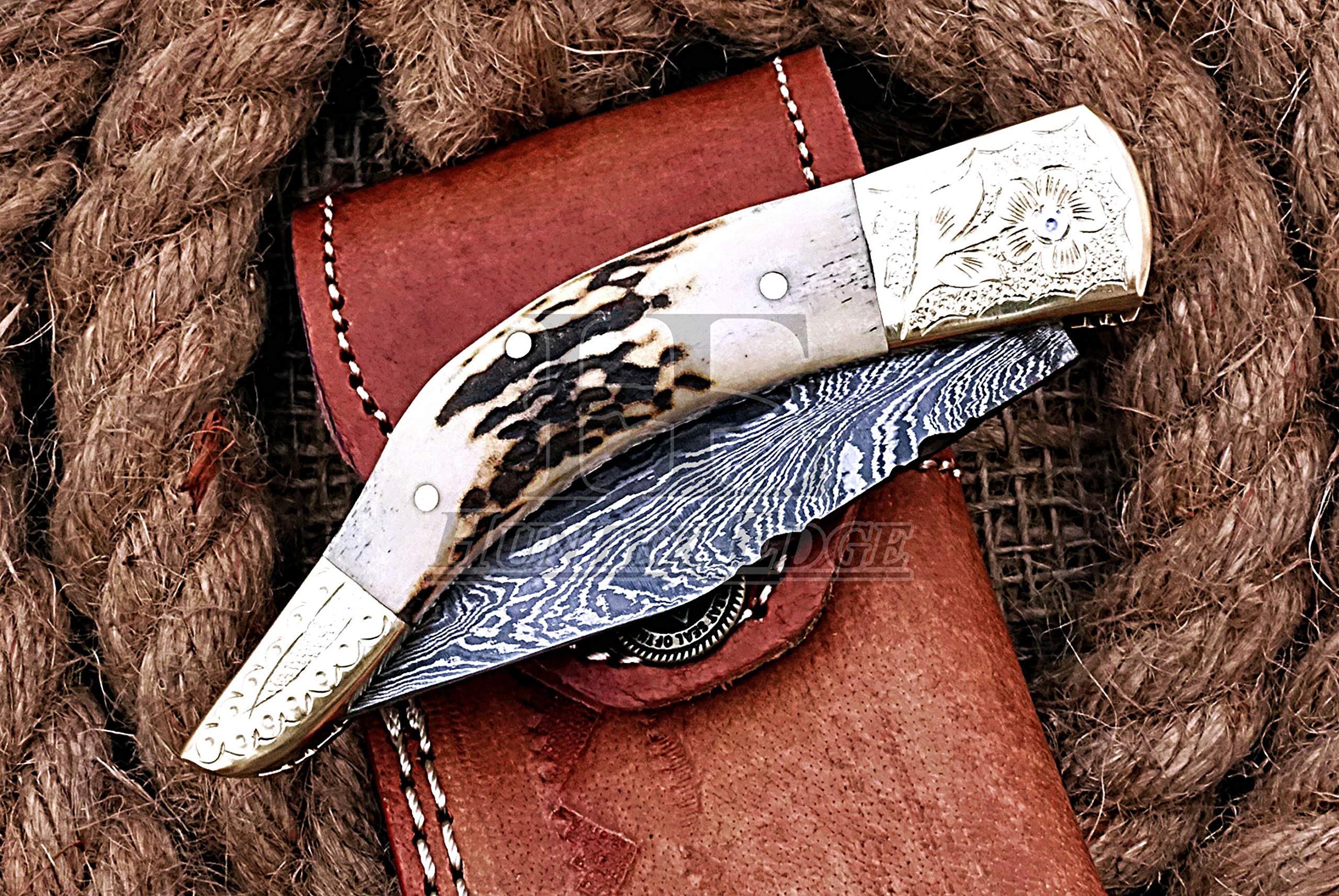 HUNTEX Custom Handmade Hand-Forged Twist Pattern Damascus Steel 3.7 Inch Long Natural Deer Antler Horn Handle Razor Sharp Hunting Camping Folding Pocket Knife with Genuine Leather Pouch
